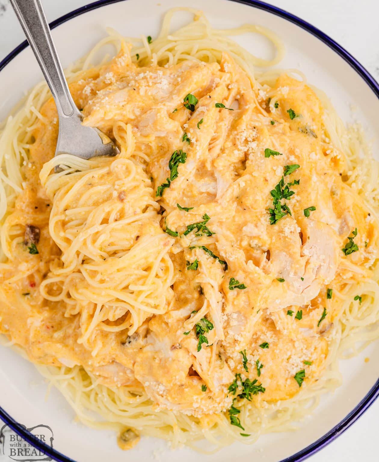 CROCKPOT ANGEL CHICKEN PASTA - Butter with a Side of Bread